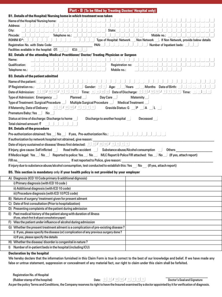 Part B Medical Claim Form: Details of Hospitalization and Treatment ...