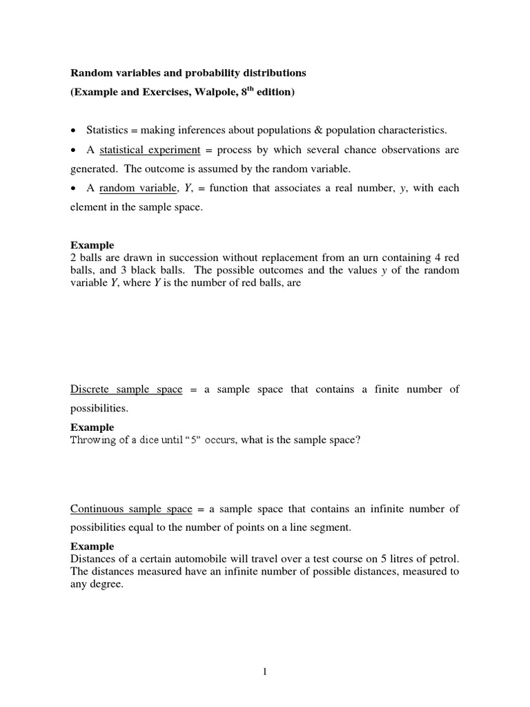 Random Variables and Probability Distributions (Example and Exercises, Walpole, 8 Edition) | PDF ...