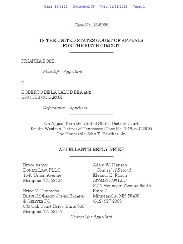 Appellant Reply Brief: Prianka Bose v. Roberto Bea and Rhodes College ...