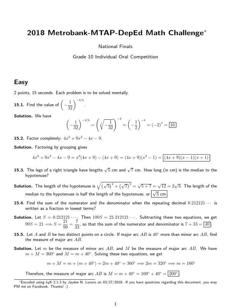 Metrobank-MTAP-DepEd Math Challenge National Finals: Grade 10 Individual Oral Competition ...