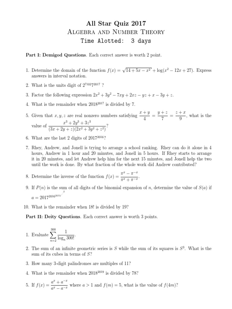All Star Quiz 2017 Algebra and Number Theory Time Alotted: 3 Days | PDF ...