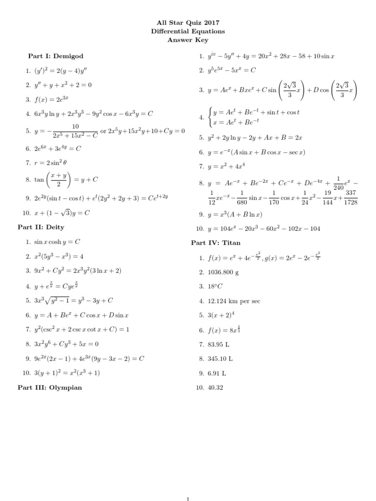 Differential Equations Answer Key PDF | PDF | Equations | Mathematical Objects