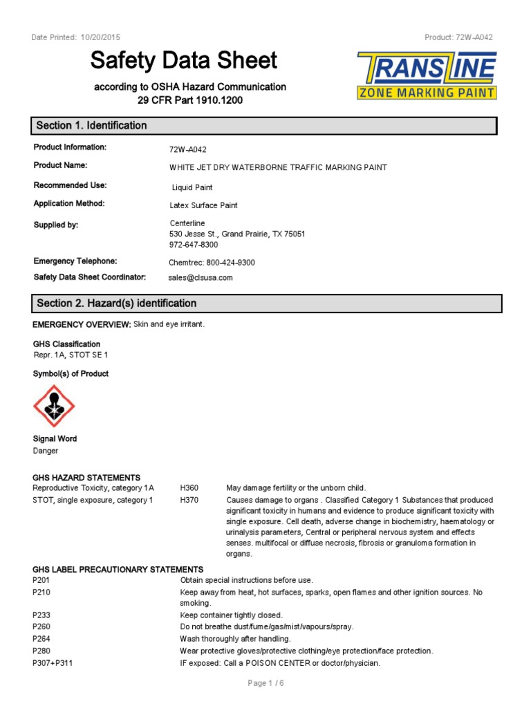 Safety Data Sheet: Section 1. Identification | PDF | Toxicity | Superfund