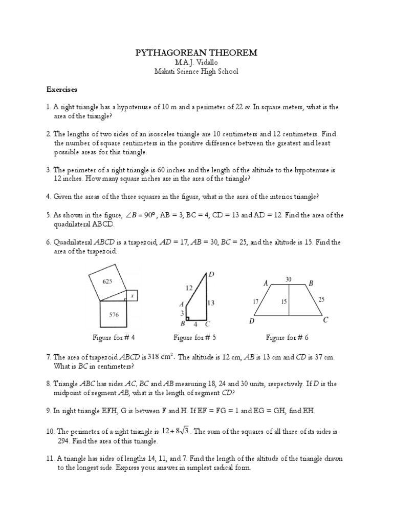 Pythagorean Theorem Exercises | PDF | Triangle | Area