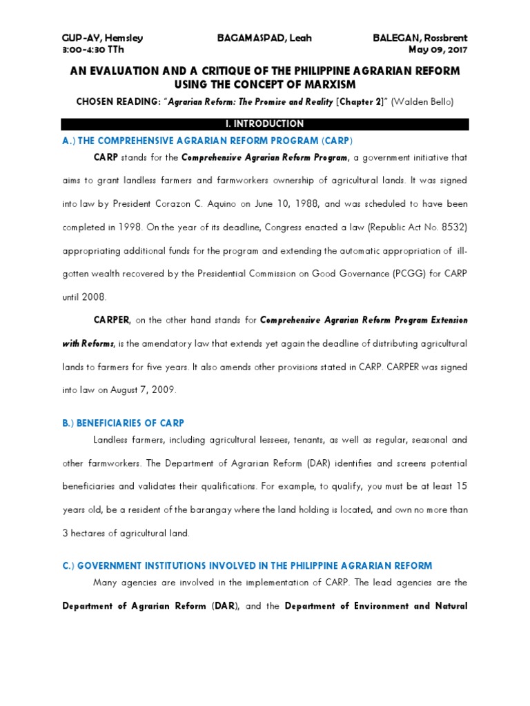 An Evaluation and A Critique of The Philippine Agrarian Reform Using The Concept of Marxism ...