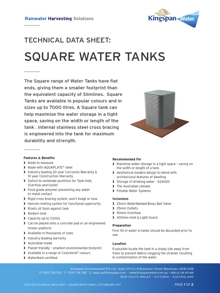 Square Water Tanks: Technical Data Sheet | PDF | Rivet | Drinking Water