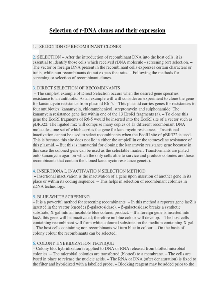 Selection of rDNA | PDF | Molecular Cloning | Gene Expression