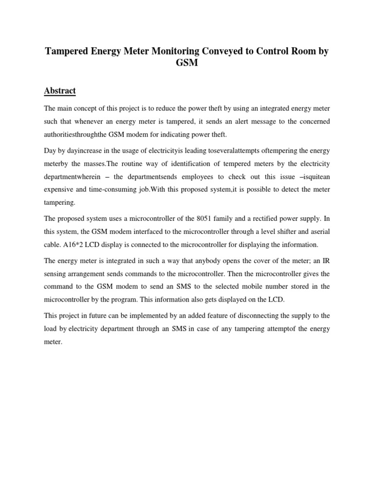 Tampered Energy Meter Monitoring Conveyed To Control Room by GSM | PDF
