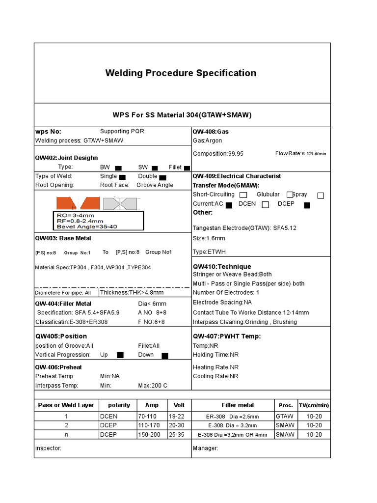 Welding Procedure Specification: WPS For SS Material 304 (GTAW+SMAW ...