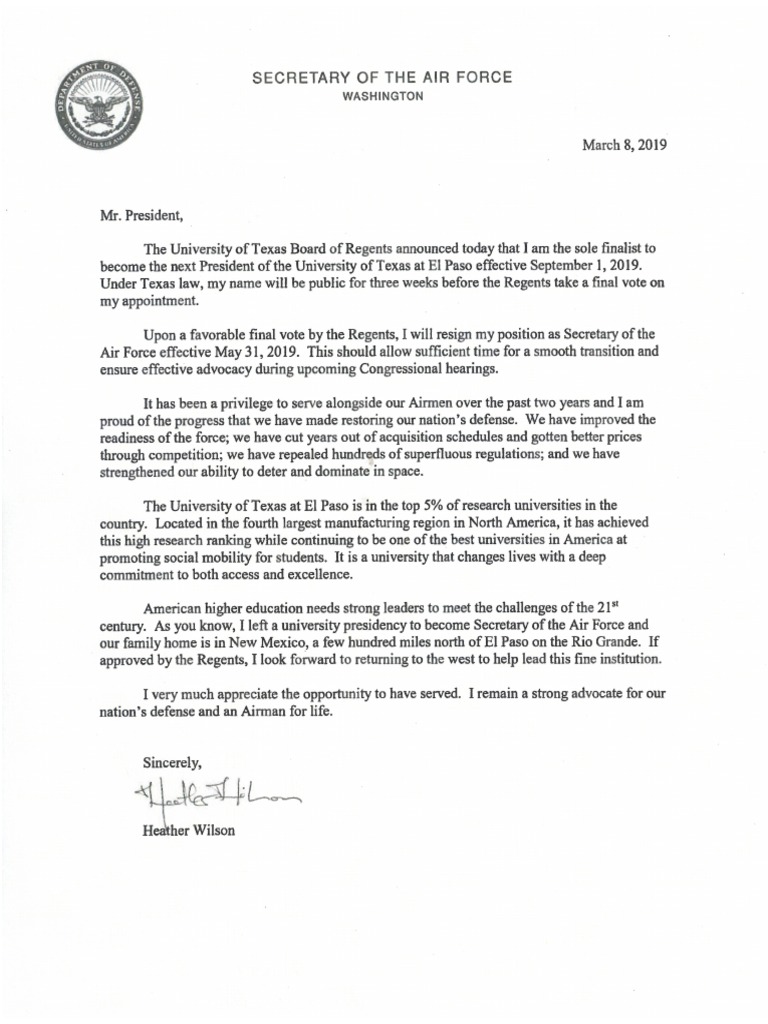 Air Force Secretary Heather Wilson Resignation Letter | PDF