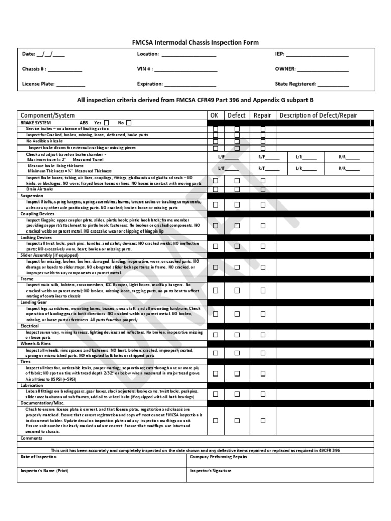 CCM FMCSA Chassis Inspection Form | PDF | Landing Gear | Tire