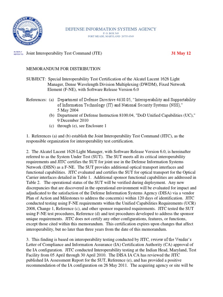 Defense Information Systems Agency P. O. Box 549 Fort Meade, Maryland ...