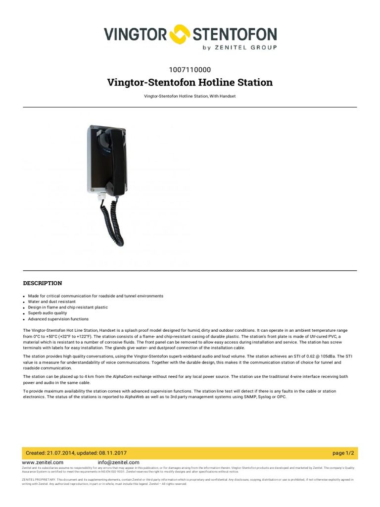 Zenitel - Vingtor-Stentofon Hotline Station - 1007110000 PDF | PDF ...