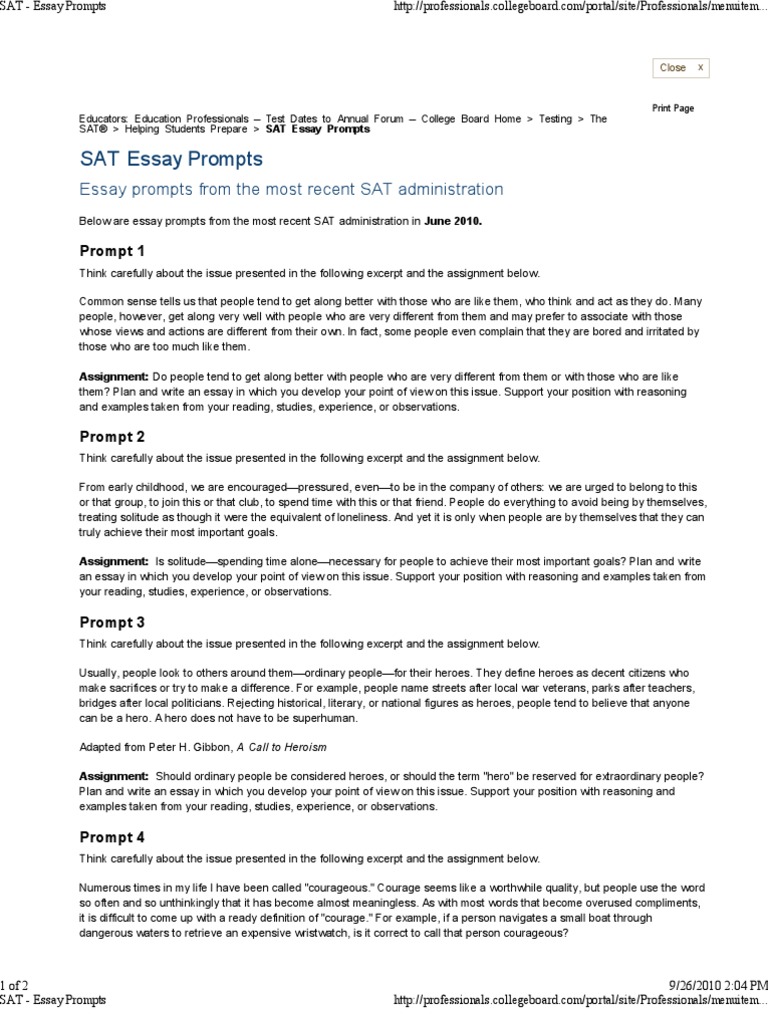 SAT - Essay Prompts June 2010 | PDF | Sat | Hero
