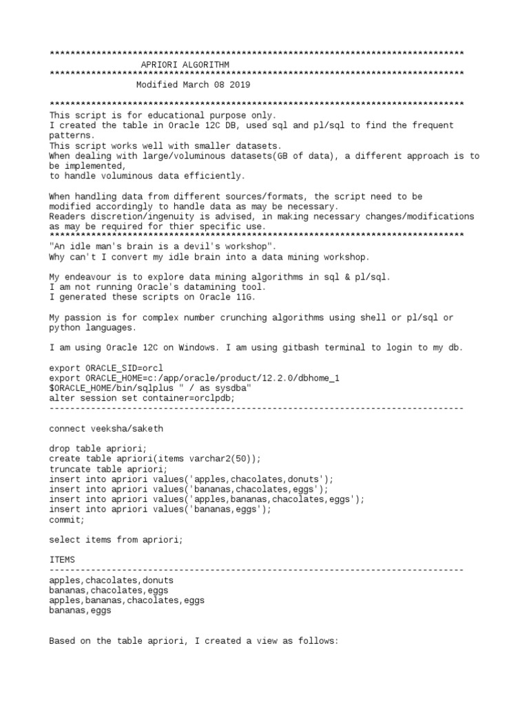 Apriori Algorithm in PL/SQL | PDF | Oracle Database | Pl/Sql