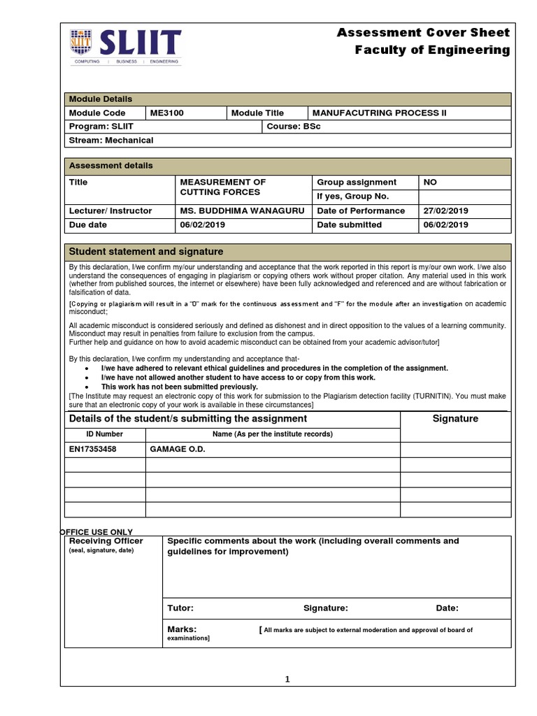 Assessment Cover Sheet Faculty of Engineering: Student Statement and ...
