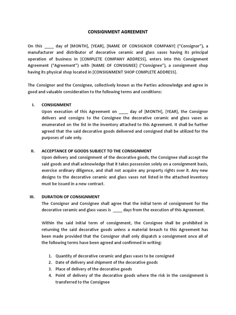Consignment Inventory Agreement Template