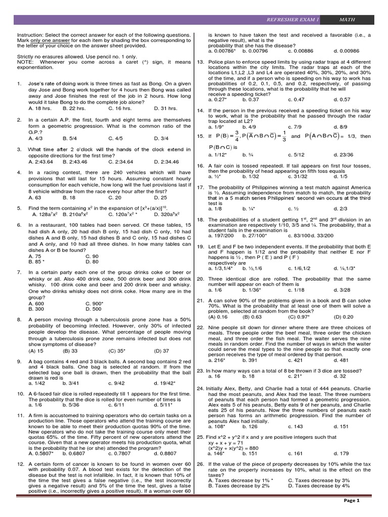 3 1 PB, P A B C 4 3 PA B C PB C: Math Refresher Exam 1 | PDF | Odds ...