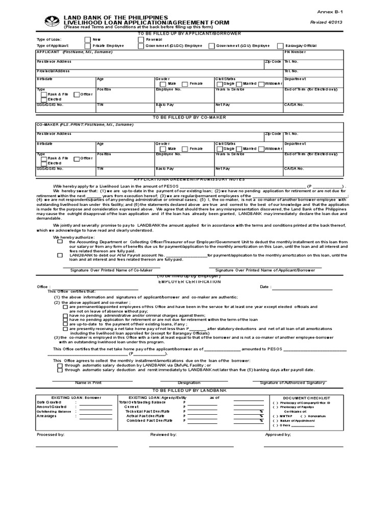 Land Bank of The Philippines Livelihood Loan Application/Agreement Form | PDF | Loans ...