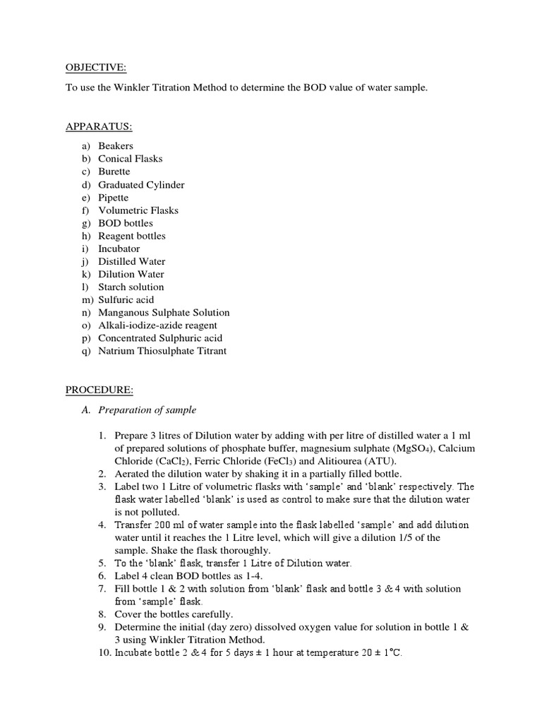 To Use The Winkler Titration Method To Determine The BOD Value of Water ...