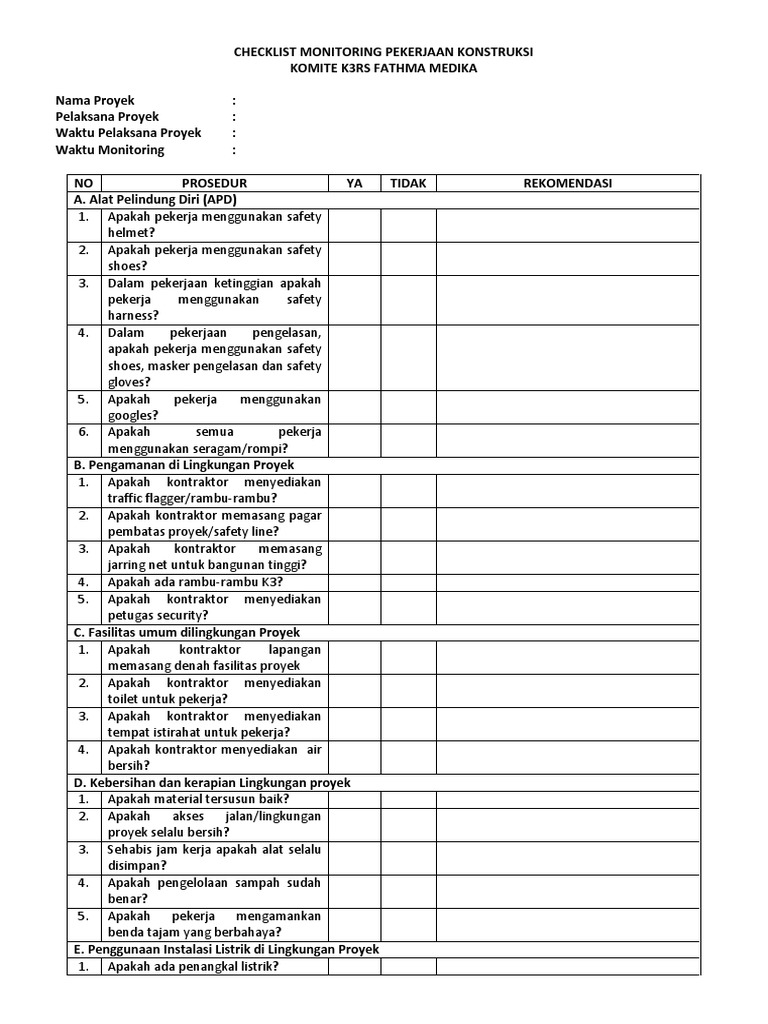 Checklist K3 Konstruksi Fathma Medika | PDF