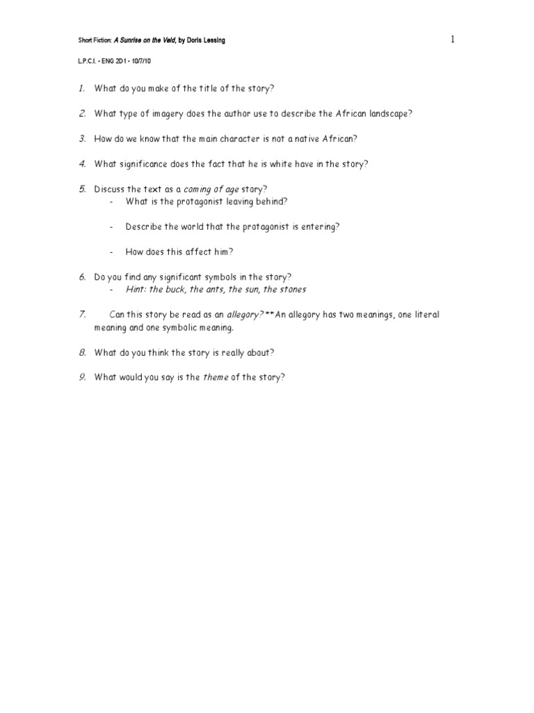 Sunrise On The Veld Worksheet | PDF