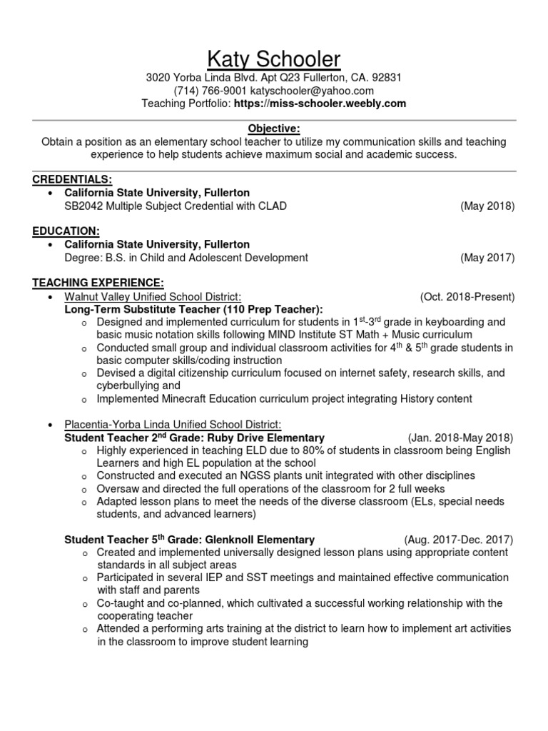 Katy Schooler Resume | PDF | Teachers | Curriculum