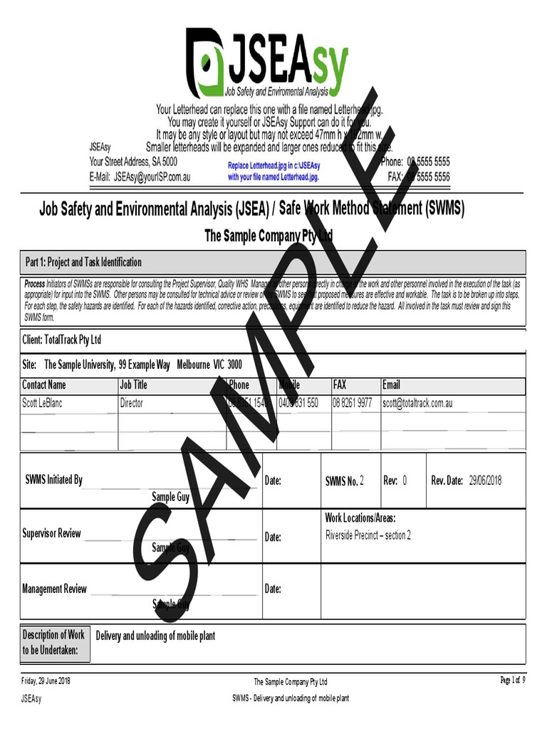 SWMS Example Delivery and Unloading of Mobile Plant | PDF ...