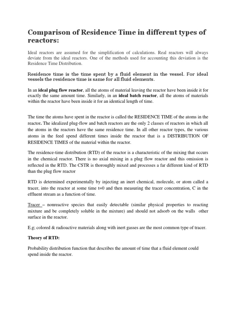 Comparison of Residence Time in Different Types of Reactors | PDF ...