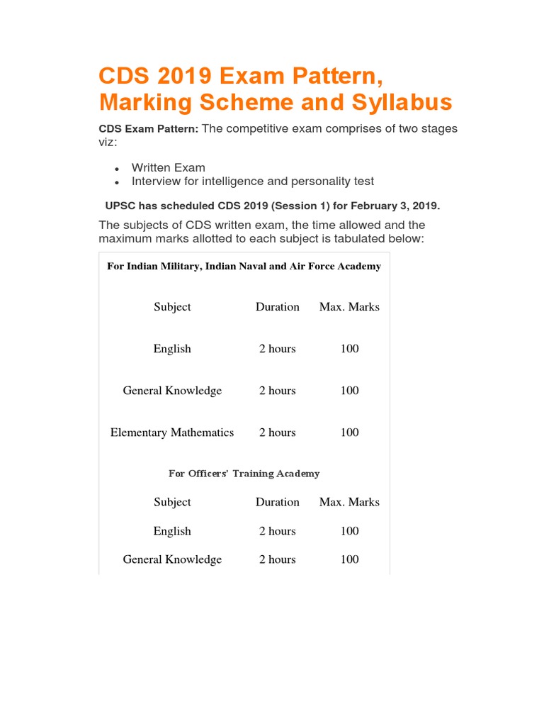 CDS 2019 Exam Pattern, Marking Scheme and Syllabus | PDF | Question ...