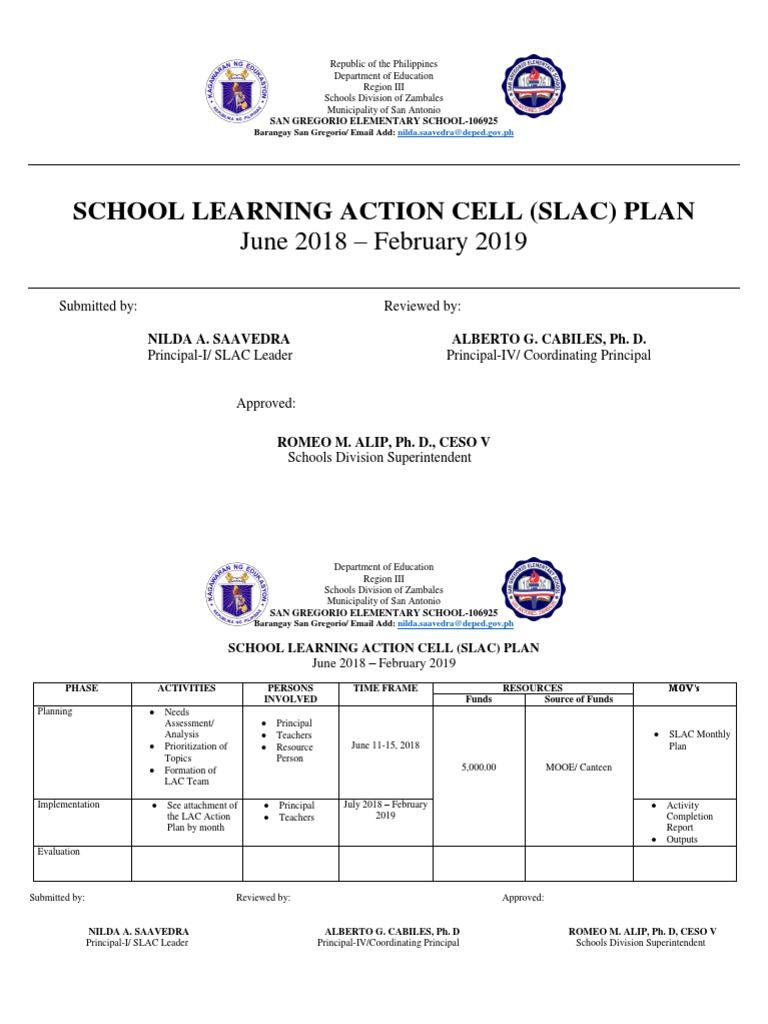 School Learning Action Cell (Slac) Plan: June 2018 - February 2019 ...