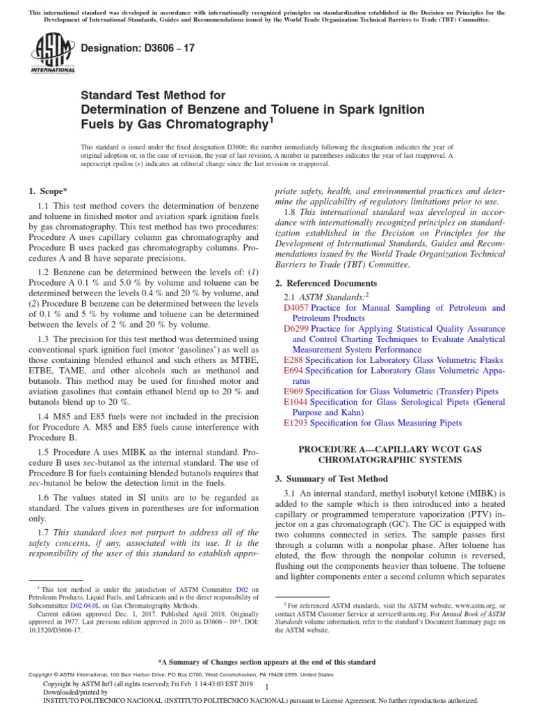 ASTM D3606-17 Determinación de Benceno y Tolueno en Ignición Por Chispa Por Cromatografía de ...