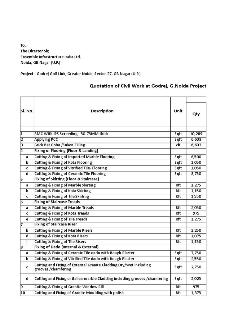 Quotation of Civil Work at Godrej, G.Noida Project: As Per Wo Qty | PDF ...