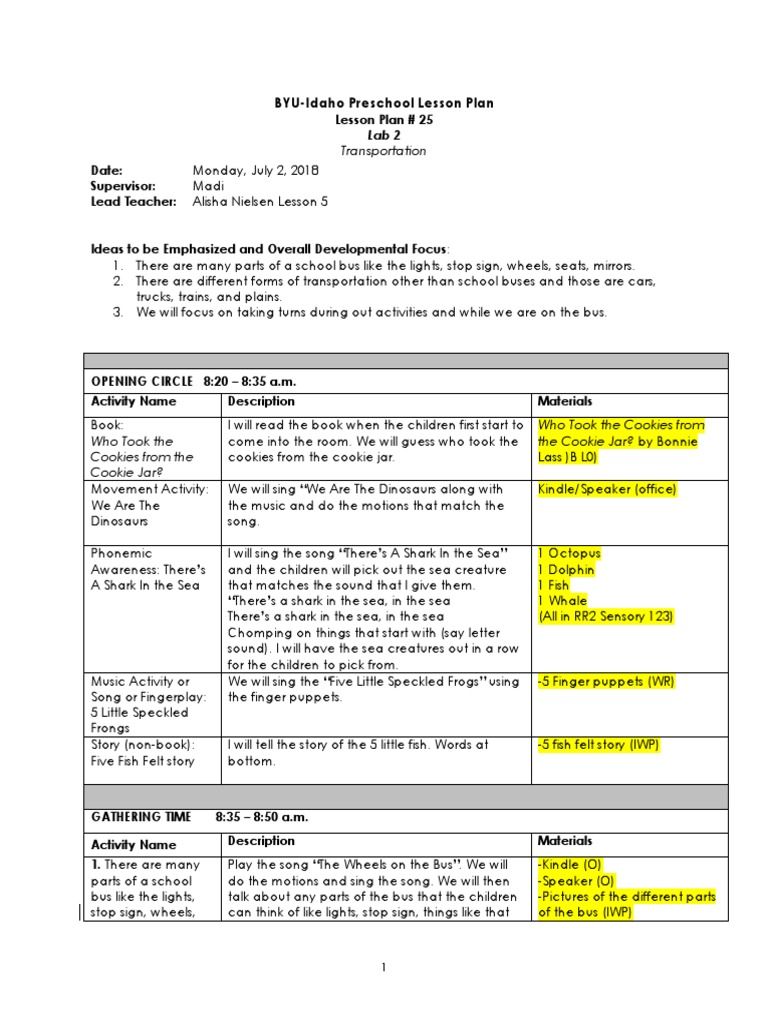 BYU-Idaho Preschool Lesson Plan: Transportation | PDF | Bus | Transport