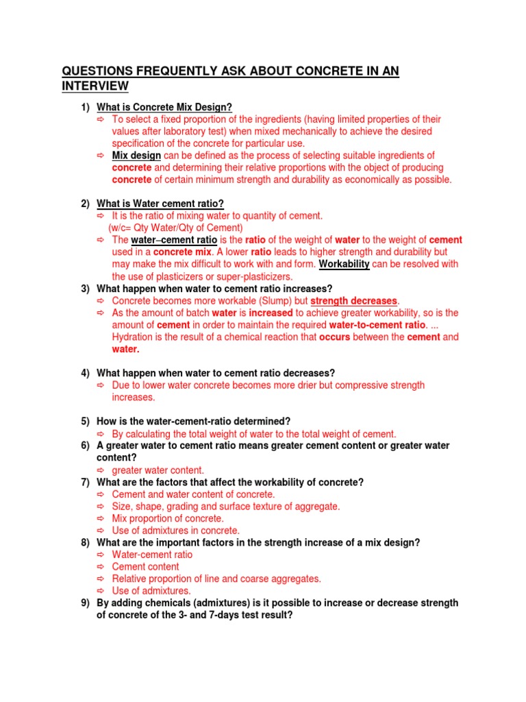 Key Concrete Interview Questions | PDF | Ratio | Concrete