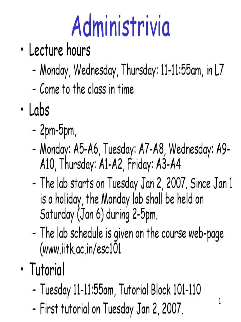 Administrivia: - Lecture Hours - Labs | PDF | Algorithms | Computer Program