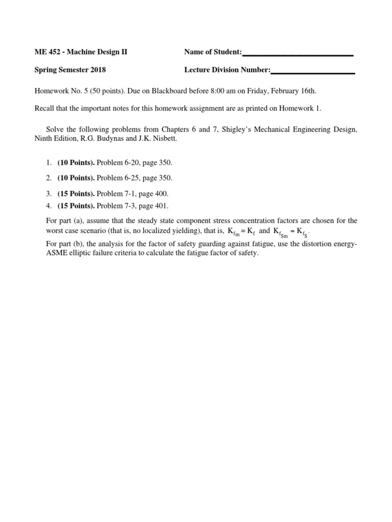 ME 452 - Machine Design II Name of Student: - Spring Semester 2018 ...