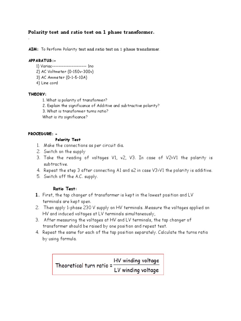 Polarity Test and Ratio Test On 1 Phase Transformer | PDF | Electric ...