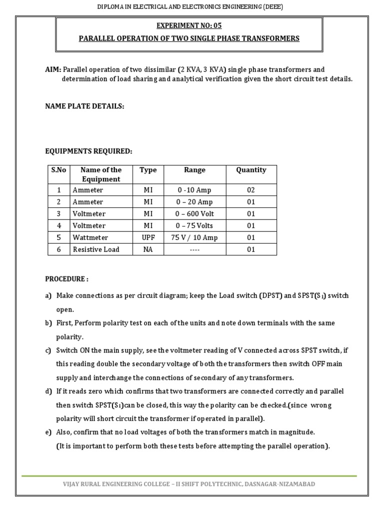 Parallel Operation of Two Single Phase Transformers: Experiment No: 05 | PDF | Transformer | Voltage