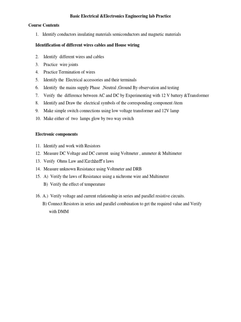 Basic Electrical &electronics Engineering Lab Practice Course Contents | PDF | Series And ...