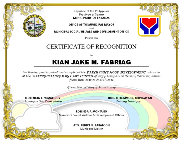 Certificate of Recognition for Day Care Completion | PDF