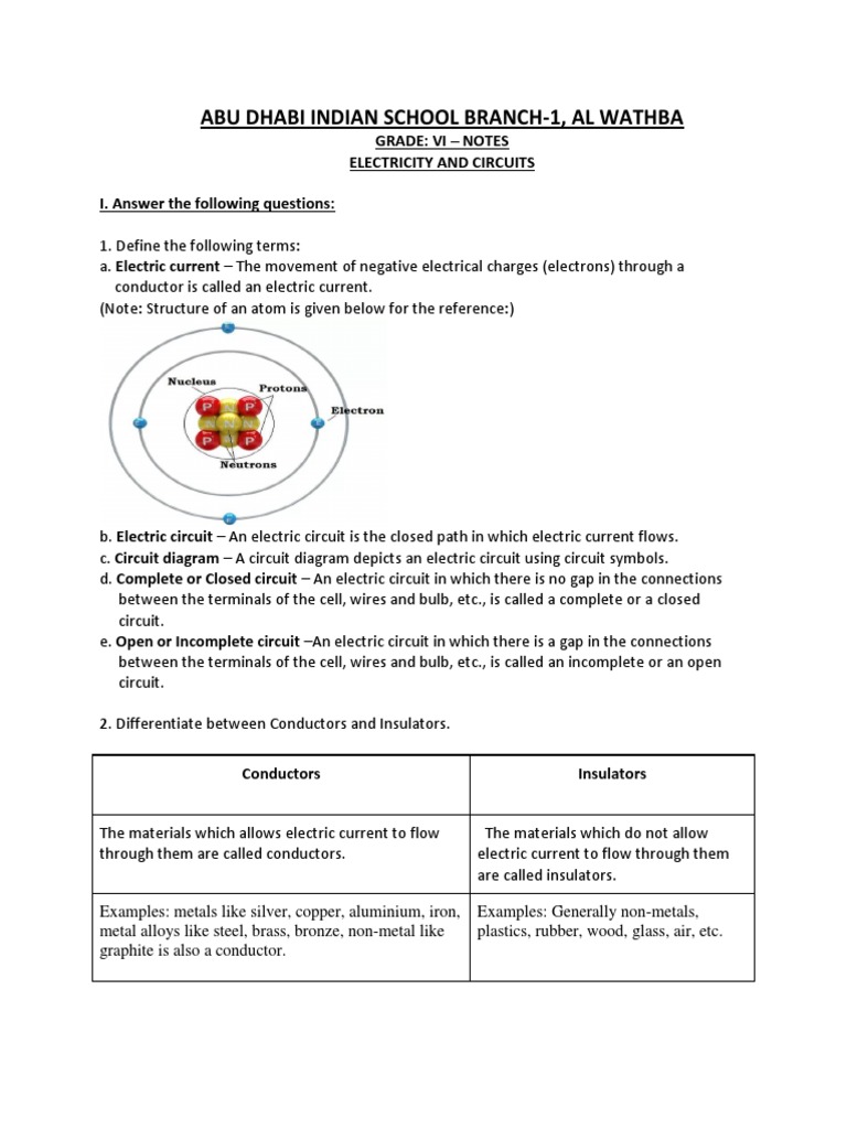 Notes On Electricity For Grade 6 | PDF | Electric Current | Switch