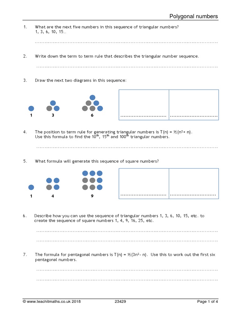 Polygonal Numbers: © WWW - Teachitmaths.co - Uk 2018 23429 Page 1 of 4 ...