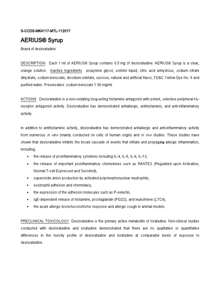 Aerius Syrup PI | PDF | Pharmacokinetics | Dose (Biochemistry)