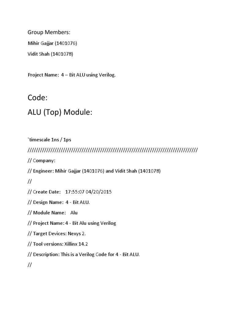 4 Bit Alu Using Verilog Pdf Electrical Engineering Computer