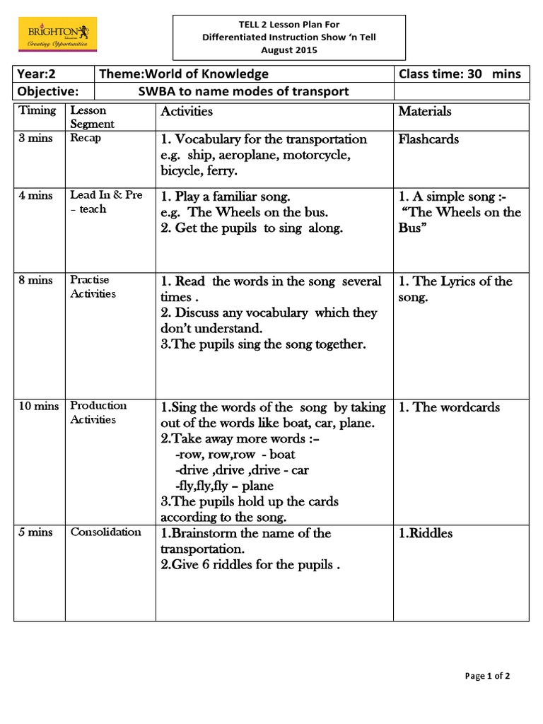 SHow N Tell Lesson Plan For Demonstrated Activities | PDF ...