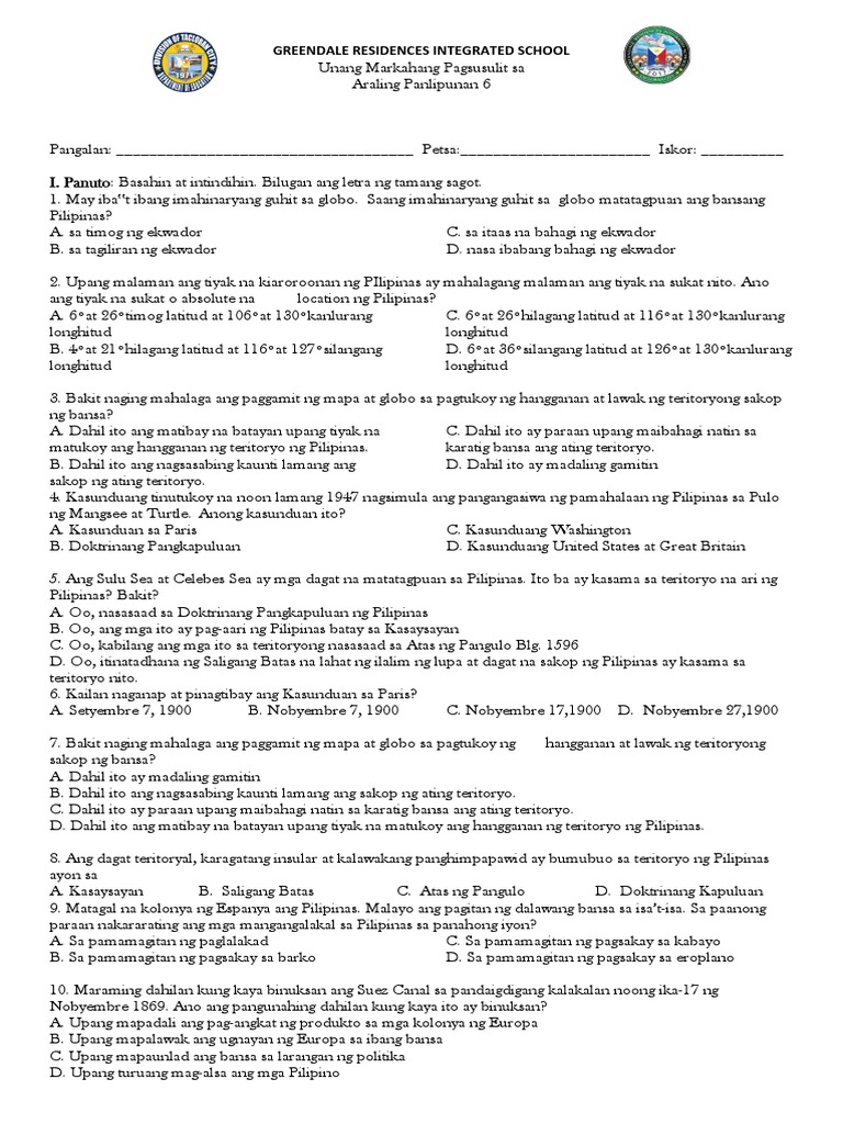 1st Quarter Exam in AP 6 | PDF
