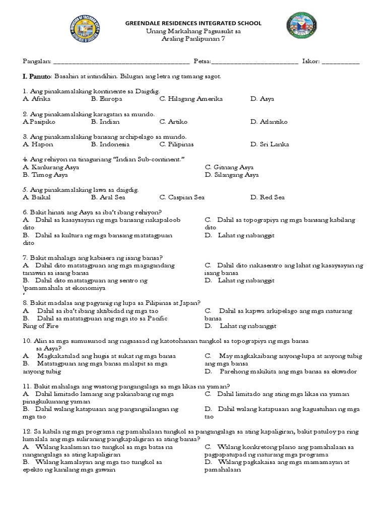 1st Quarter Exam in AP 7 | PDF