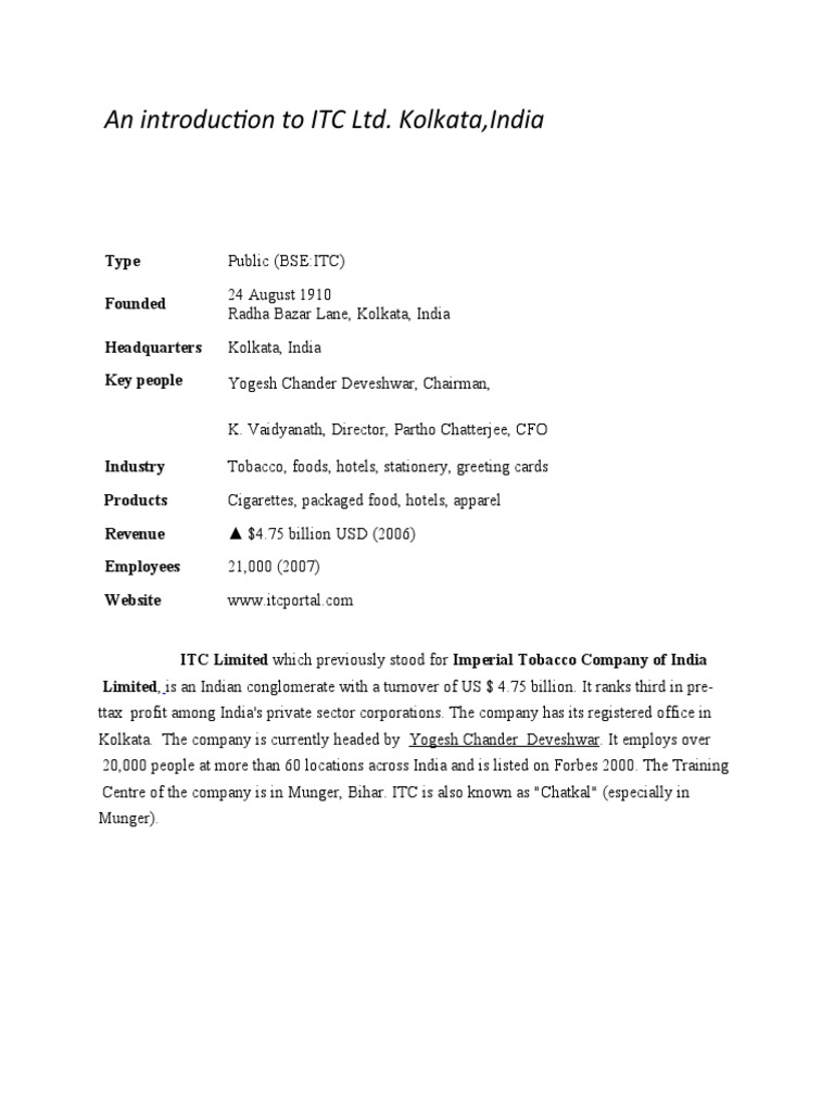 ITC Ltd: Overview and Company Profile | PDF | Corporate Social ...