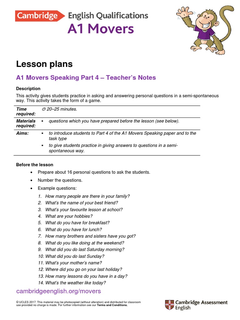 A1 Movers 2018 Speaking Part 4 | Question | Test (Assessment)